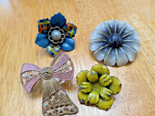 Lot of 4 Vintage Painted Metal Curtain Tie Back Push Pins, Flowers, Bow ...