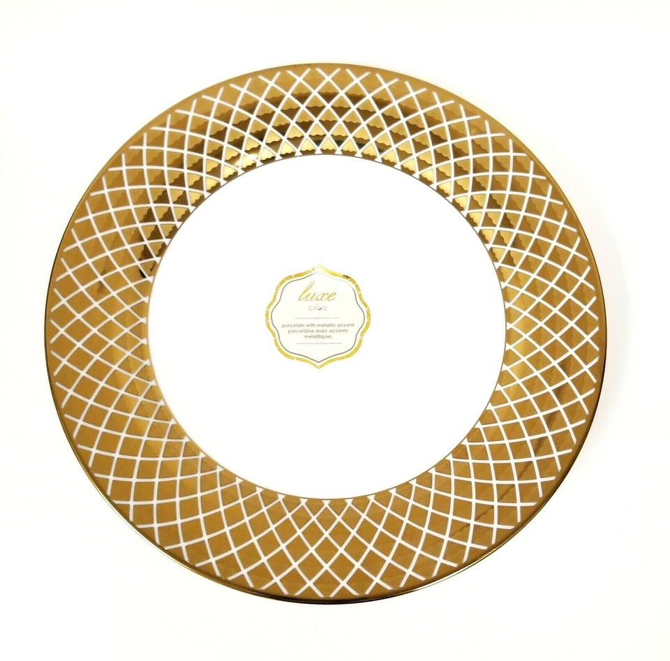LUXE SET OF 4 PORCELAIN METALLIC GOLD DIAMOND PATTERN DINNER,SALAD ...