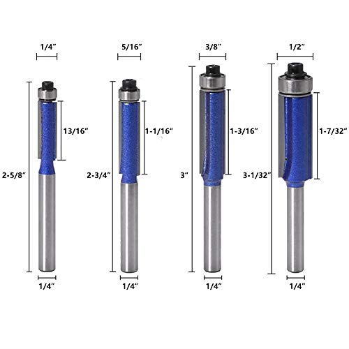 1/4 Inch Shank Template Pattern Flush Trim Router Bit Set (4 Sizes ...