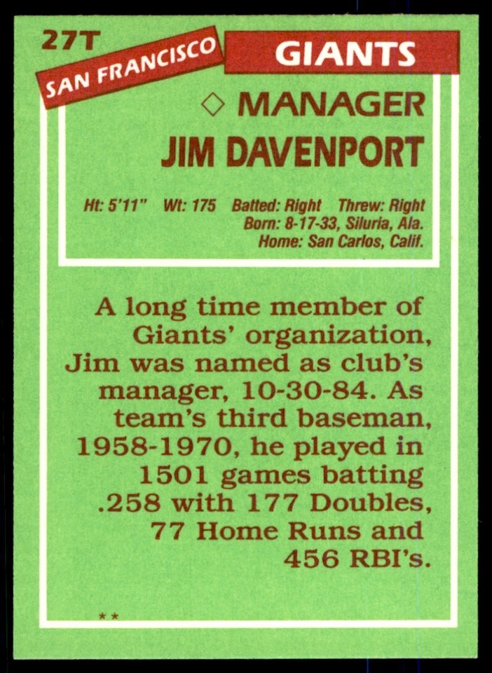 1985 Topps Traded. Jim Davenport . San Francisco Giants #27T | eBay