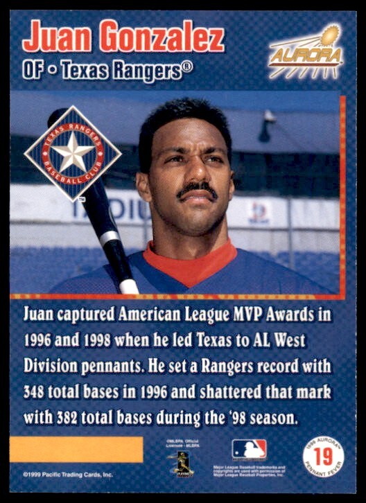 1999 Pacific Aurora Pennant Fever #19 Juan Gonzalez Texas Rangers | eBay
