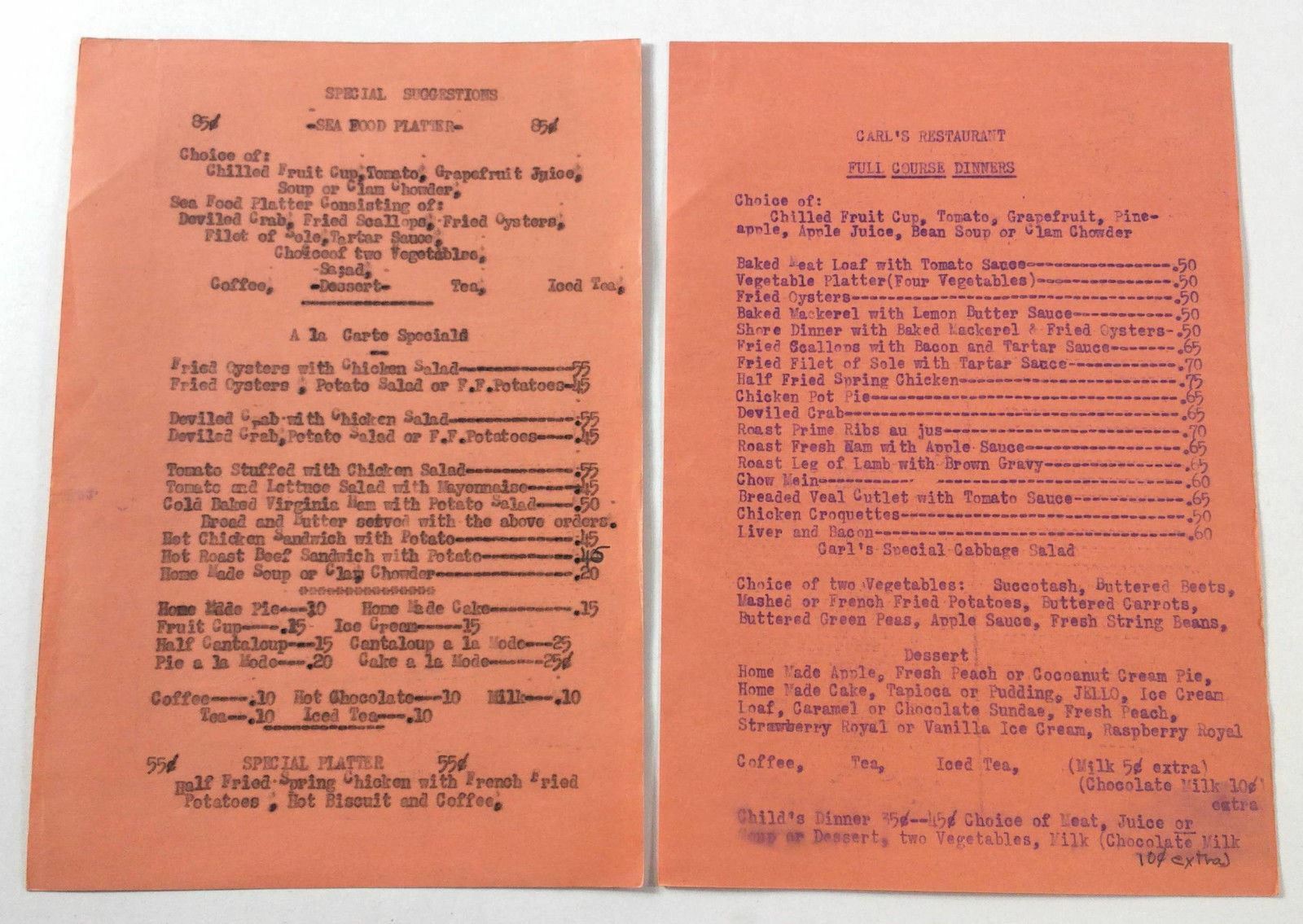 1930's Vintage MYSTERY Menu CARLS INC. RESTAURANT BAKERY Unknown ...