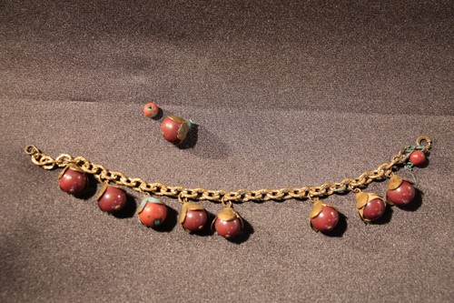 Occupied Japan 7 1/2" charm bracelet pomegranites damaged paper label ...