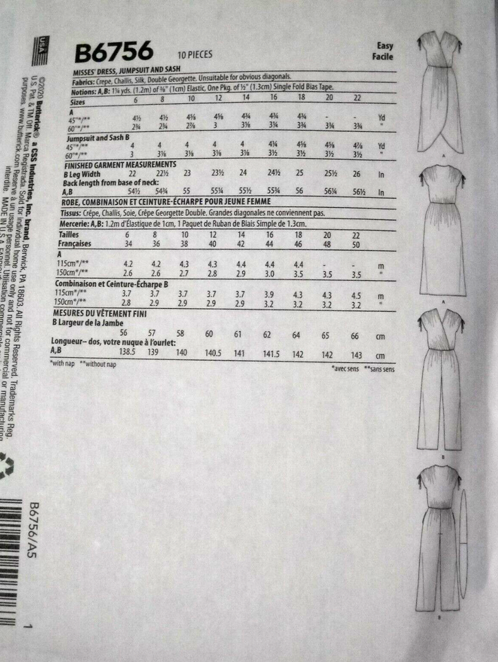 Butterick 6756 Dress Jumpsuit Sash Misses Size 6-14 Sewing Pattern | eBay