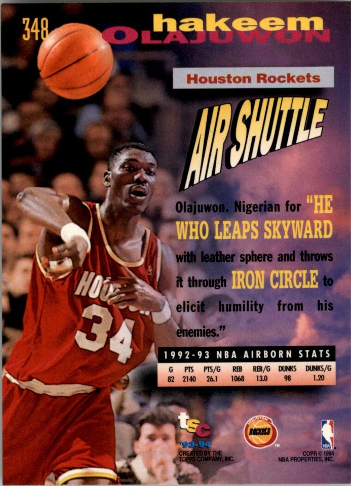 1993-94 Topps Stadium Club #348 Hakeem Olajuwon Frequent Flyers Houston ...