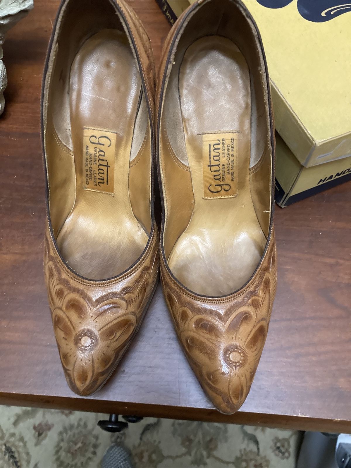 Vntg Gaitan Mexican Hand Tooled Leather Stiletto High Heel Shoes Pumps ...