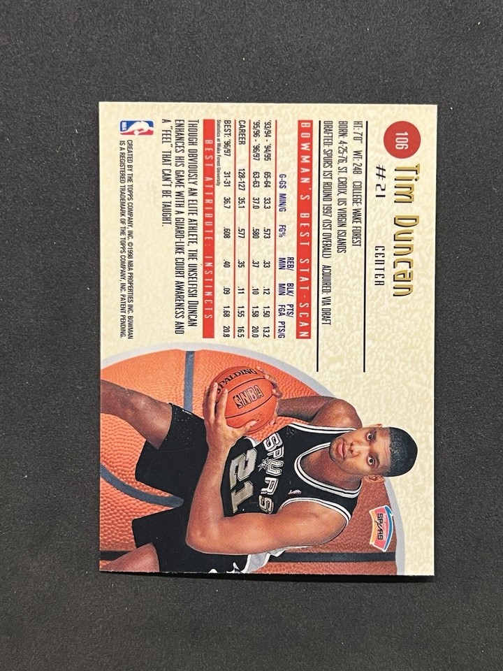 1997-98 Bowman's Best #106 TIM DUNCAN Rookie RC San Antonio Spurs HOF ...