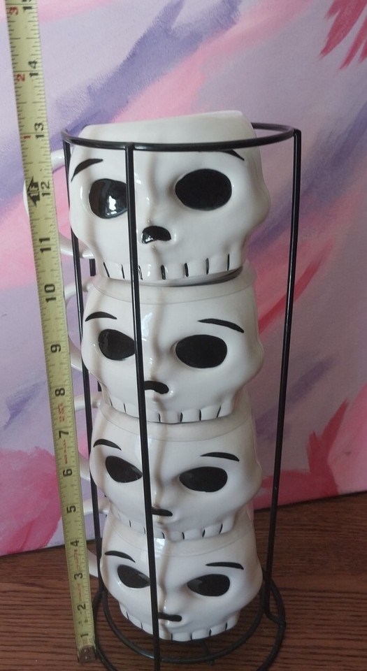 **NEW** Set of 4 Stacking Skull Skeleton Mugs & Metal Storage Rack ...
