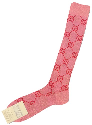 New Authentic Gucci GG Supreme Logo Glittery Knee-High Socks - Pink ...