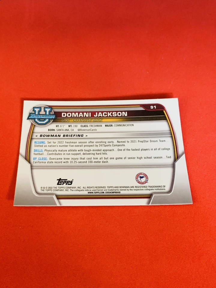 Domani Jackson .. USC Trojans .. 2022 Bowman Chrome University Card 91 ...
