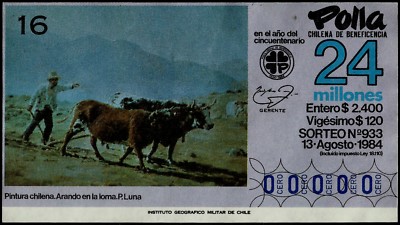 CHILE, LOTTERY TICKET, "POLLA CHILENA", GAME # 933, YEAR 1984, NUMBER ...