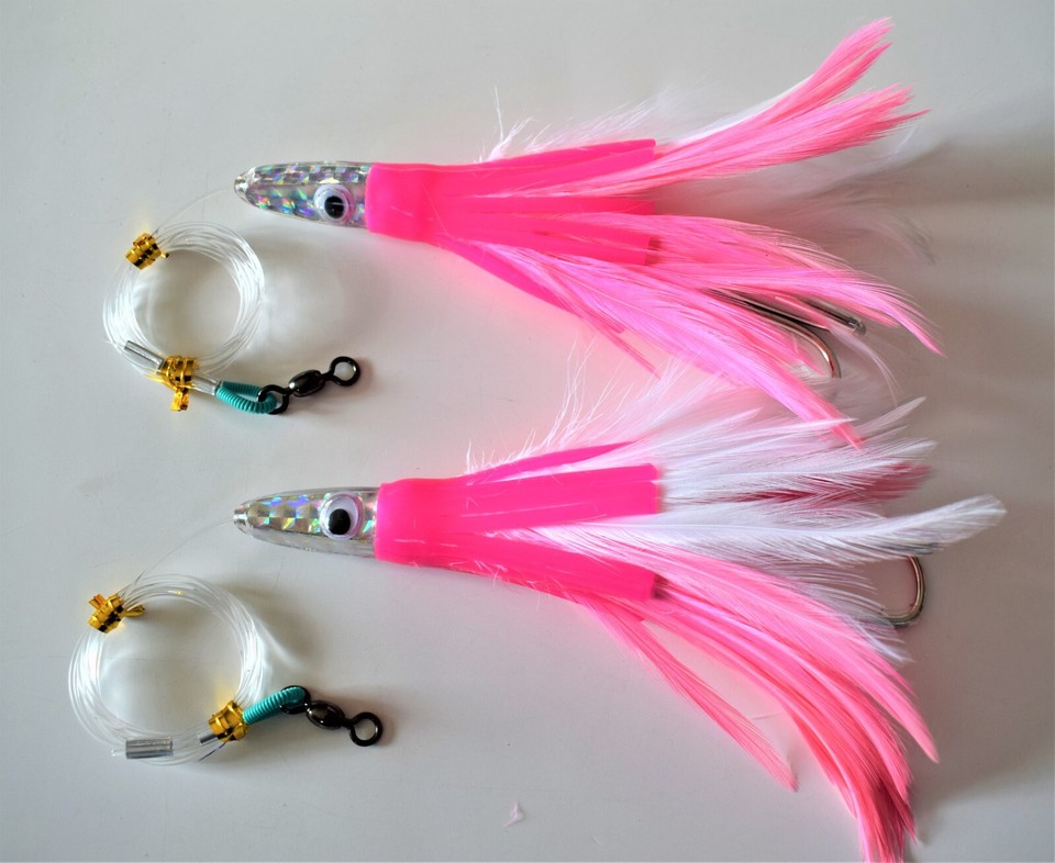 1 to 10 pcs 6" Rigged Tuna Feathers Pink/White Trolling Saltwater ...