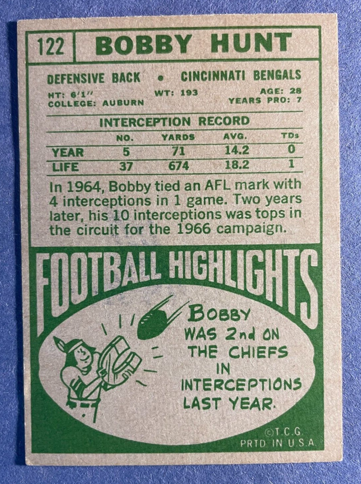 SIGNED BOBBY HUNT 1968 TOPPS FOOTBALL CARD AUTOGRAPH - BENGALS | eBay