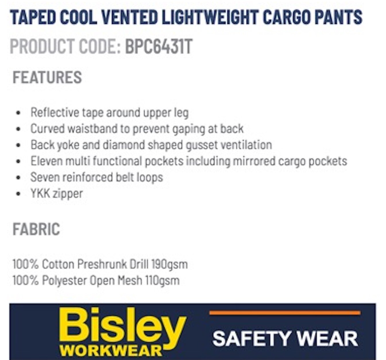 BISLEY WORKWEAR - MENS TAPED LIGHTWEIGHT *VENTED CARGO WORK PANT ...