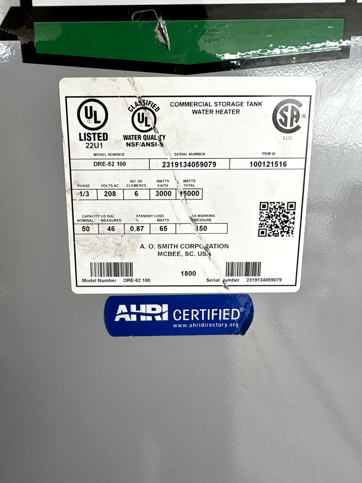 (1) AO Smith DRE-52 100 50 Gallon Electric commercial water heater | eBay