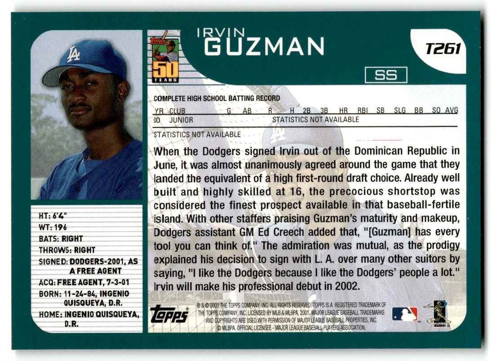 2001 Topps Traded & Rookies Irvin Guzman Rookie Los Angeles Dodgers # ...