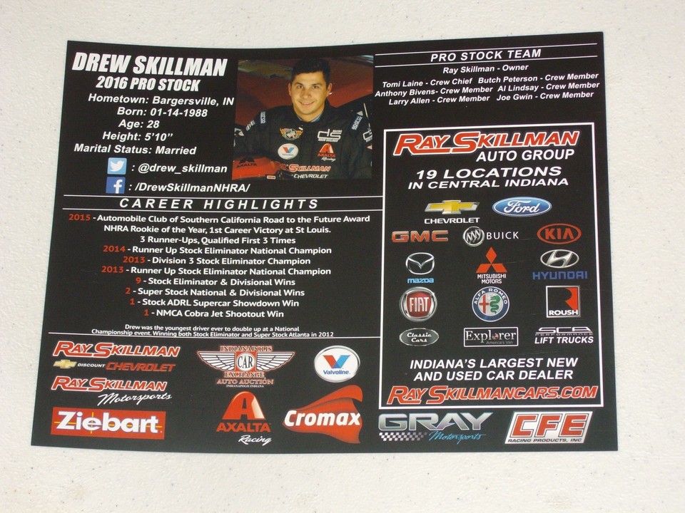 2016 DREW SKILLMAN AXALTA CHEVY CAMARO GRAY MOTORSPORTS PRO STOCK NHRA ...