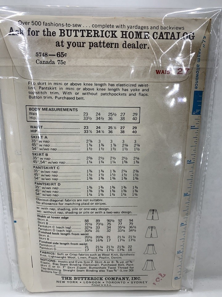 Butterick 5748 Misses Flip Skirt Pantskirt Pattern Waist 27 Hip 38 ...