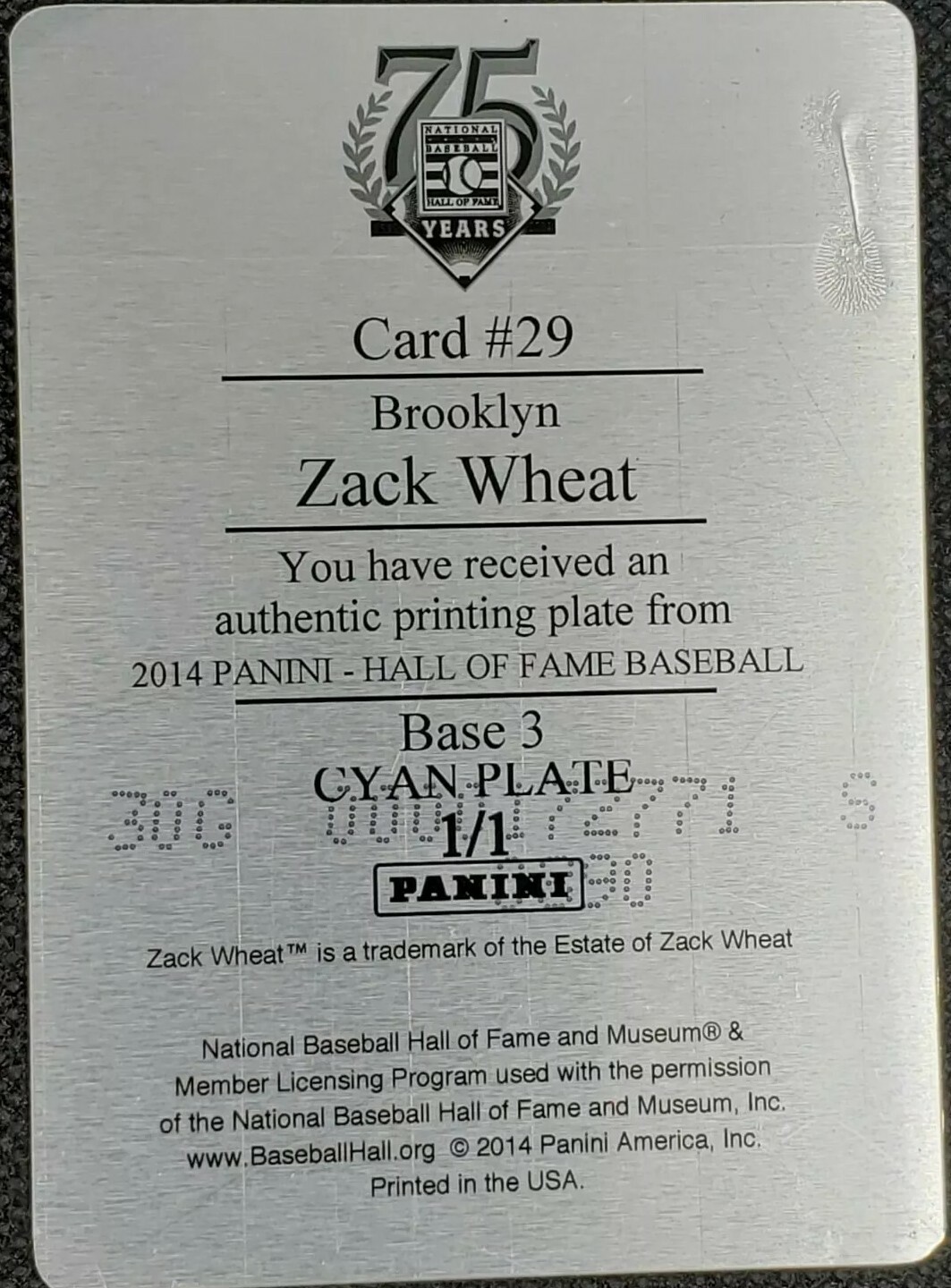 ZACK WHEAT 2014 Panini Hall of Fame HOF PRINTING PLATE SP #1/1 Brooklyn ...