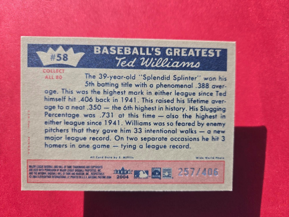 2004 Fleer Reprint National Pastime Ted Williams #58 Hits .388 1957 257 ...