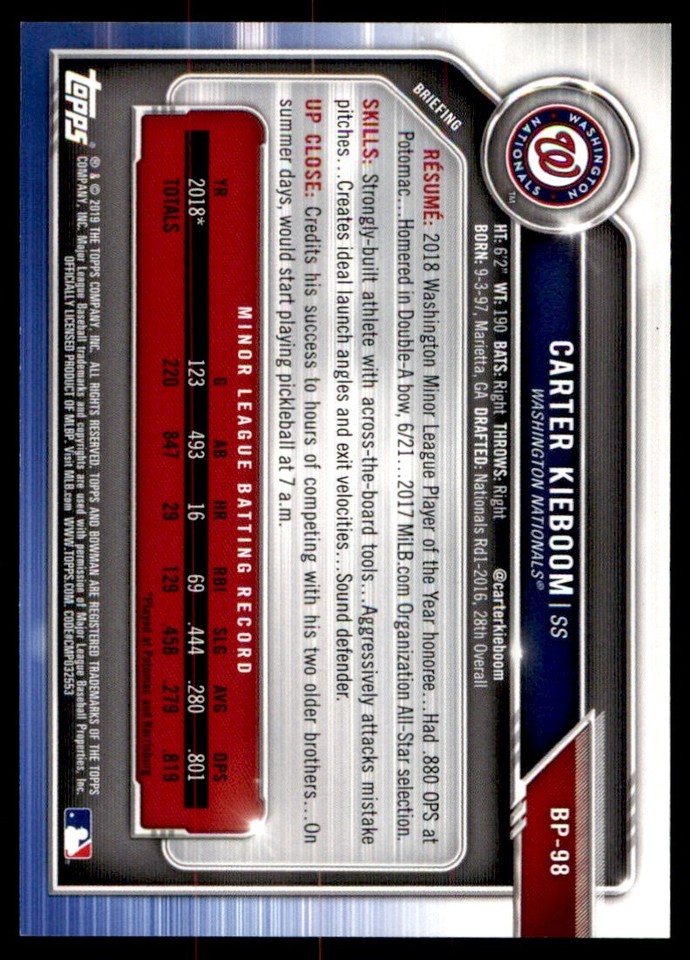 2019 Bowman Paper Prospects Gold Carter Kieboom Rookie 09/50 Washington ...