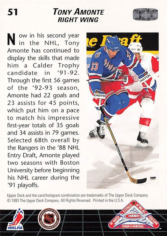 Tony Amonte 1992 Upper Deck All-Star Locker Series #51 New York Rangers ...