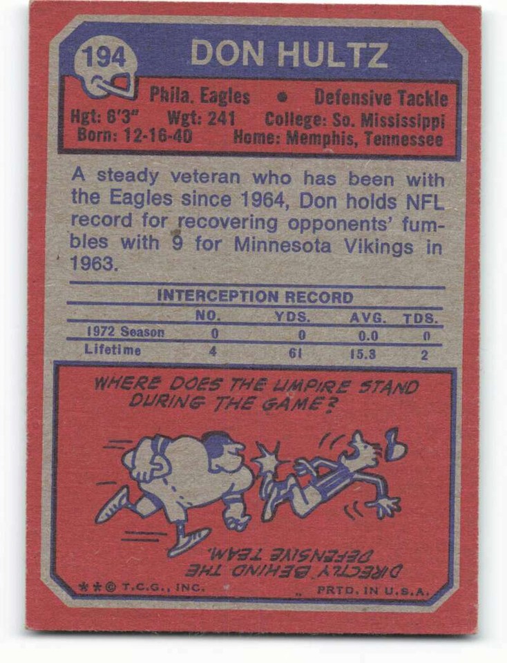 1973 Topps #194 Don Hultz EX Excellent Eagles ID:239185 | eBay