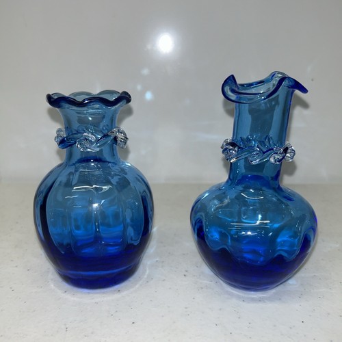 Set Of 2 Blue Pilgrim Glass Vases Hand Blown 5” with Clear Rigaree ...