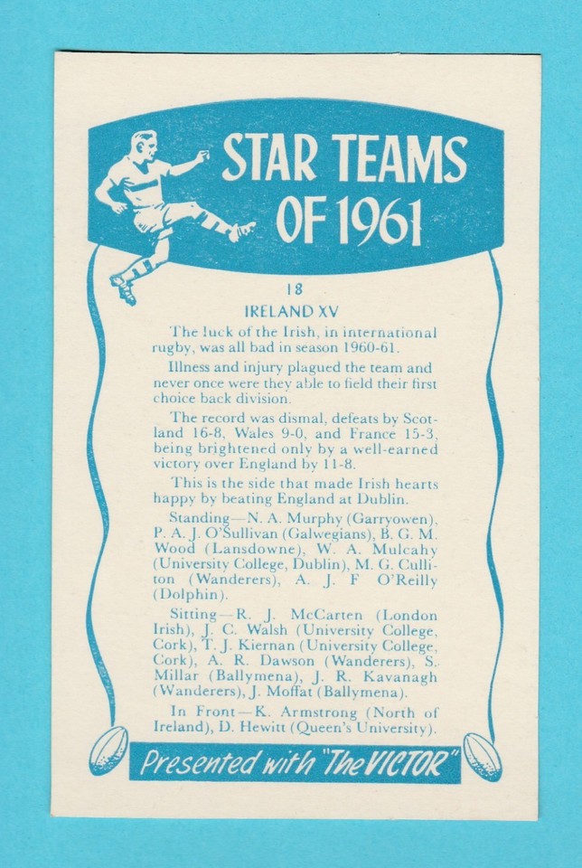 RUGBY - D. C. THOMSON - STAR TEAM OF 1961 - IRELAND XV - 1961 | eBay