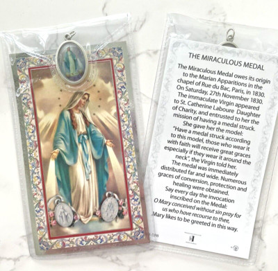 Our Lady Miraculous Medal Coloured Medal & Leaflet Prayer Card Silver ...
