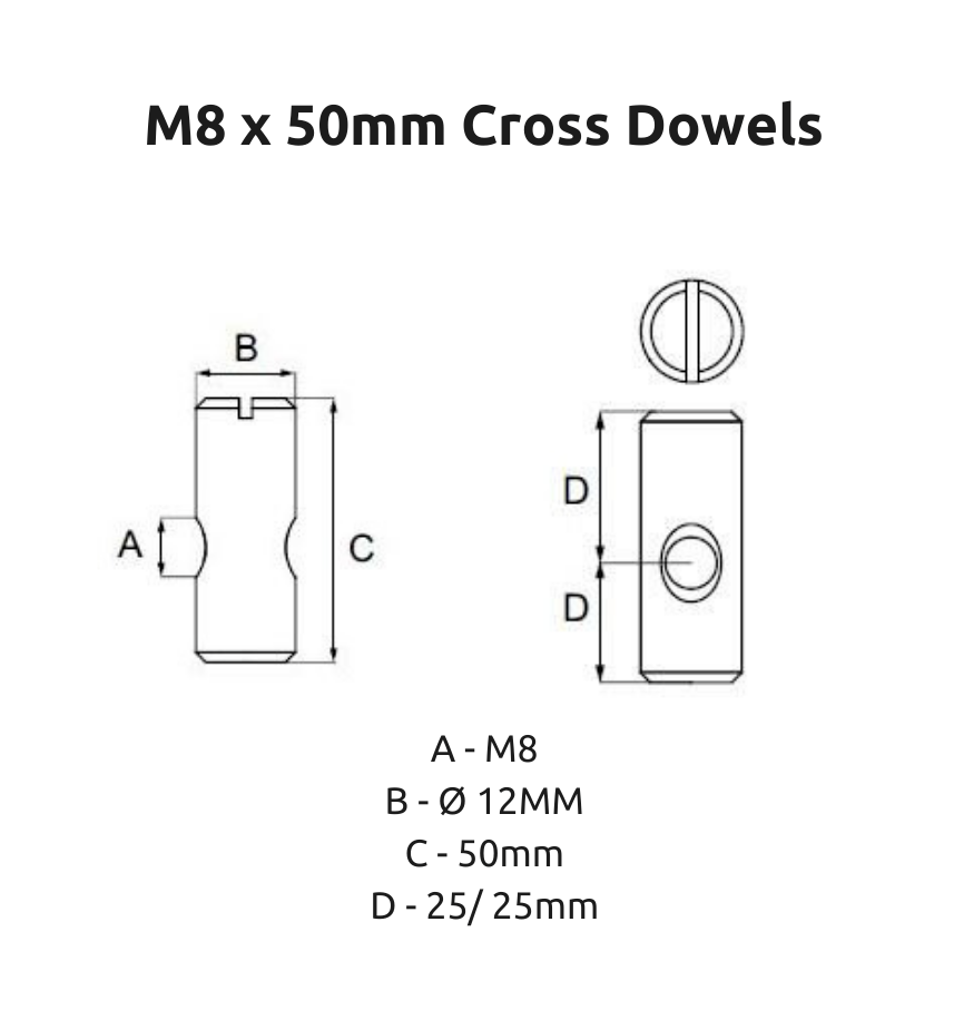 Replacement 8mm Cross Dowels Slotted Barrel Nuts Fixings M8 x 50mm Bunk ...