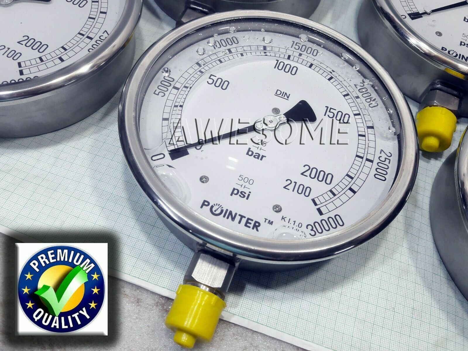 High Pressure Gauge Dual Scale 0-2000 BAR /0-30000 PSI Full Stainless ...