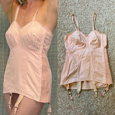 Vintage 40s Pink Brocade All-in-One Corselette Girdle Garters Open ...