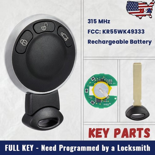 for BMW Mini Cooper Rechargeable Battery 315MHz Smart Remote Key Fob ...