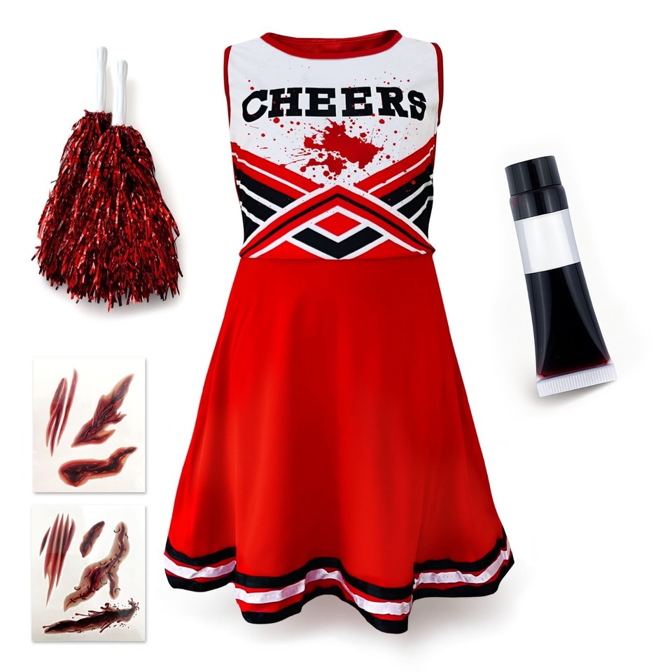 Childrens Kids Zombie Cheerleader Fancy Dress Costume & Blood Halloween ...
