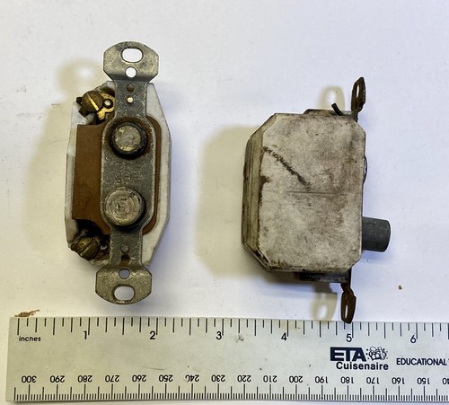 2 VINTAGE PUSH BUTTON ELECTRICAL LIGHT SWITCHES + RARE CAST IRON WALL ...