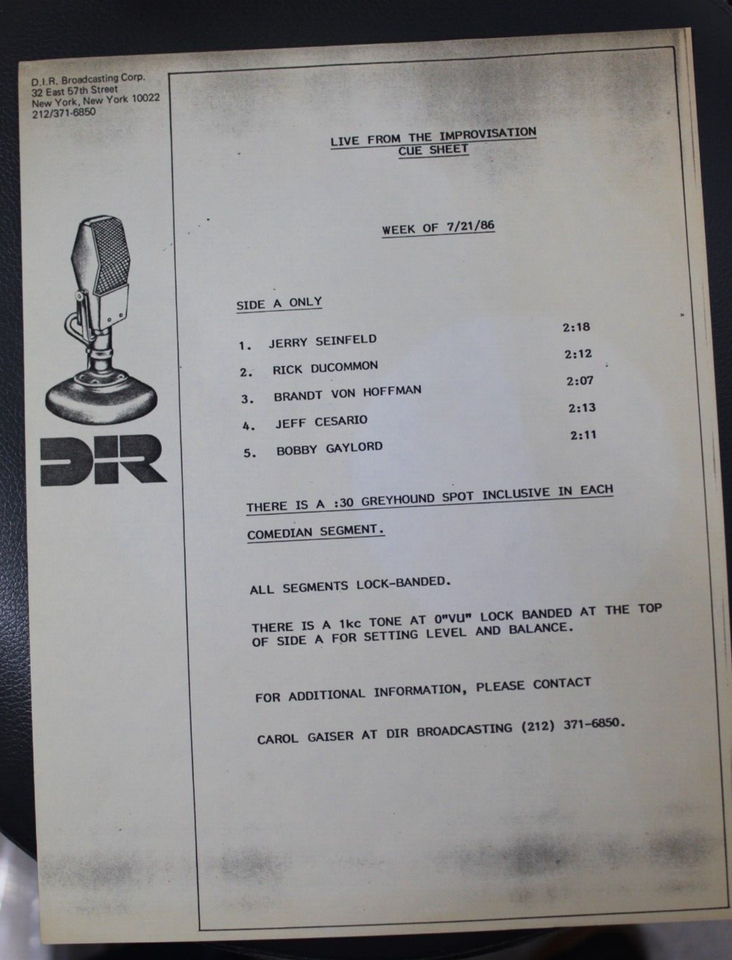 Rare Live From The Improvisation Radio Program LP-7/21/86 W/Cue Sheets ...