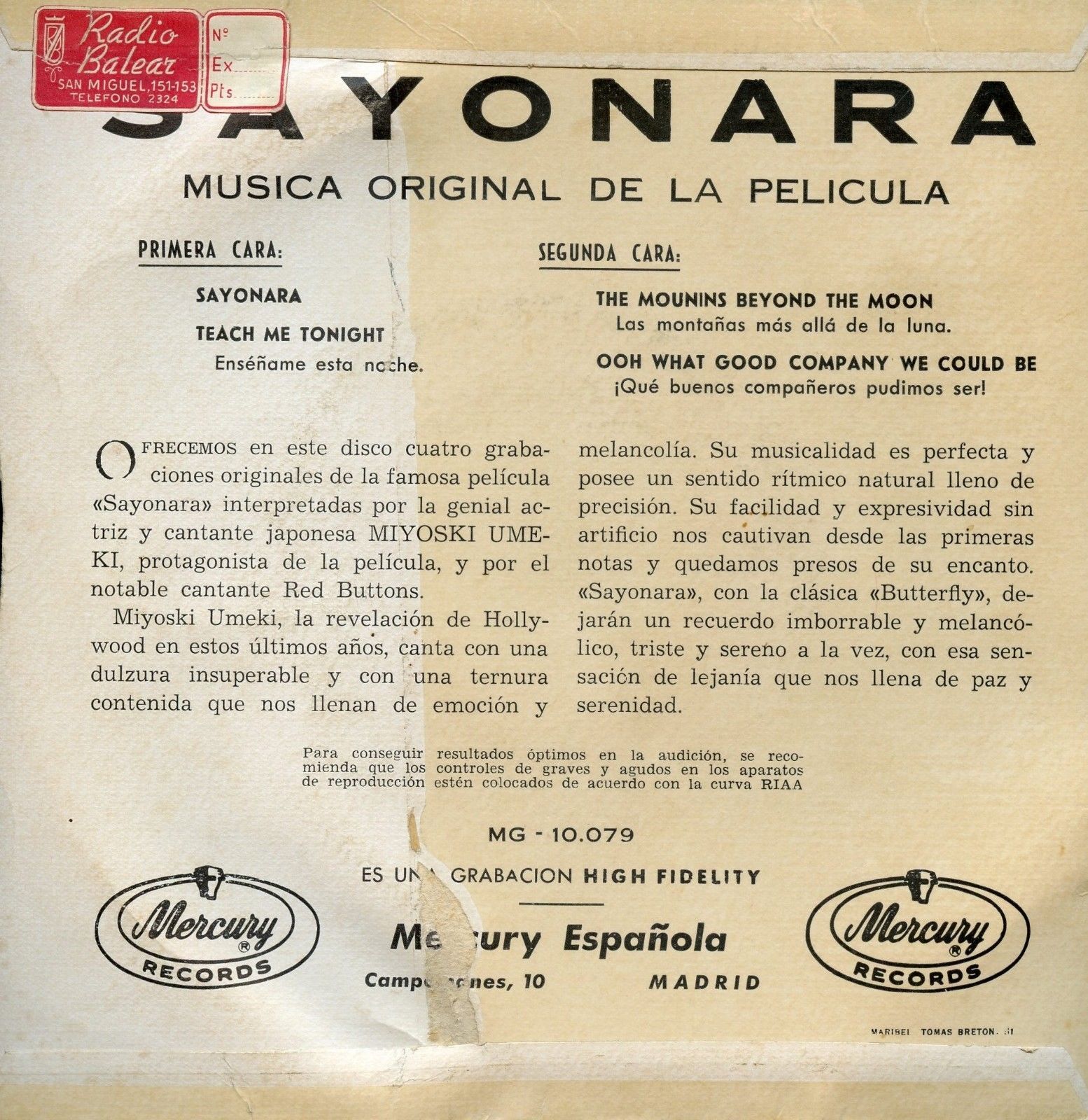 MIYOSHI UMEKI & RED BUTTONS / Sayonara / MERCURY MG-10.079 Pres Spain ...