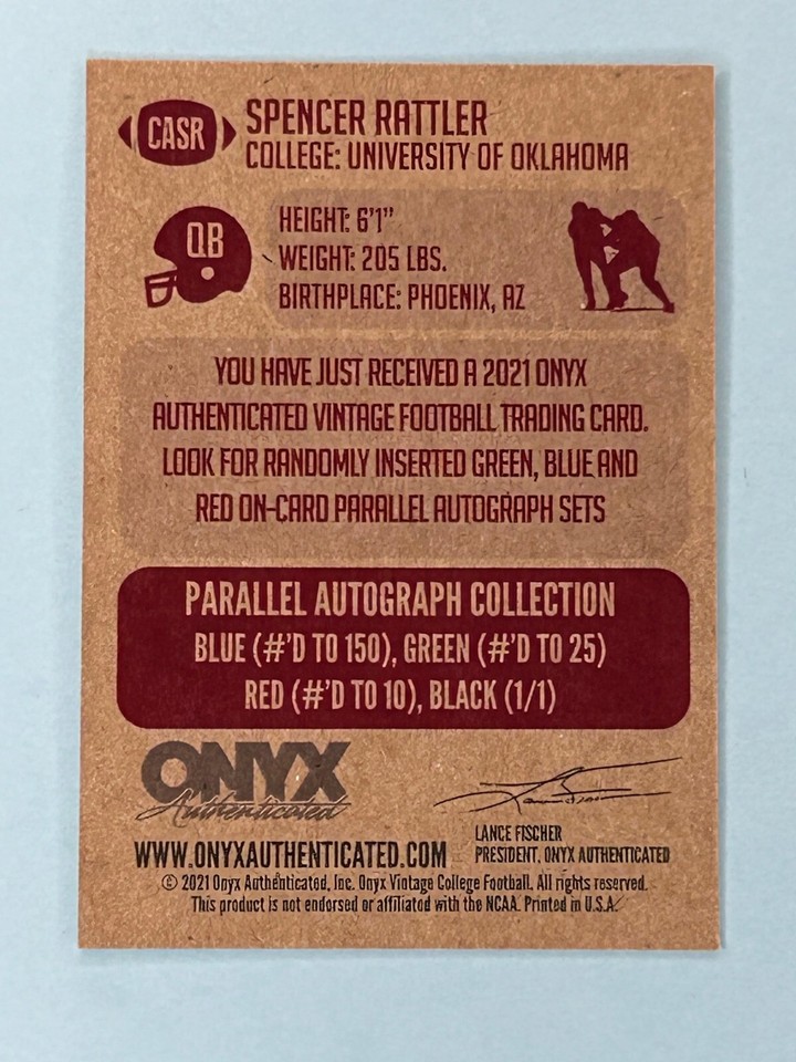 2021 Onyx Vintage College Blue Ink /150 Spencer Rattler #CASR Autograph ...