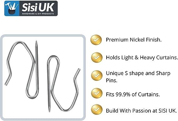 Metal Pin Curtain Hooks -PacK OF 10 / 20 / 40 / 60 / 80 / 100-Pinch ...