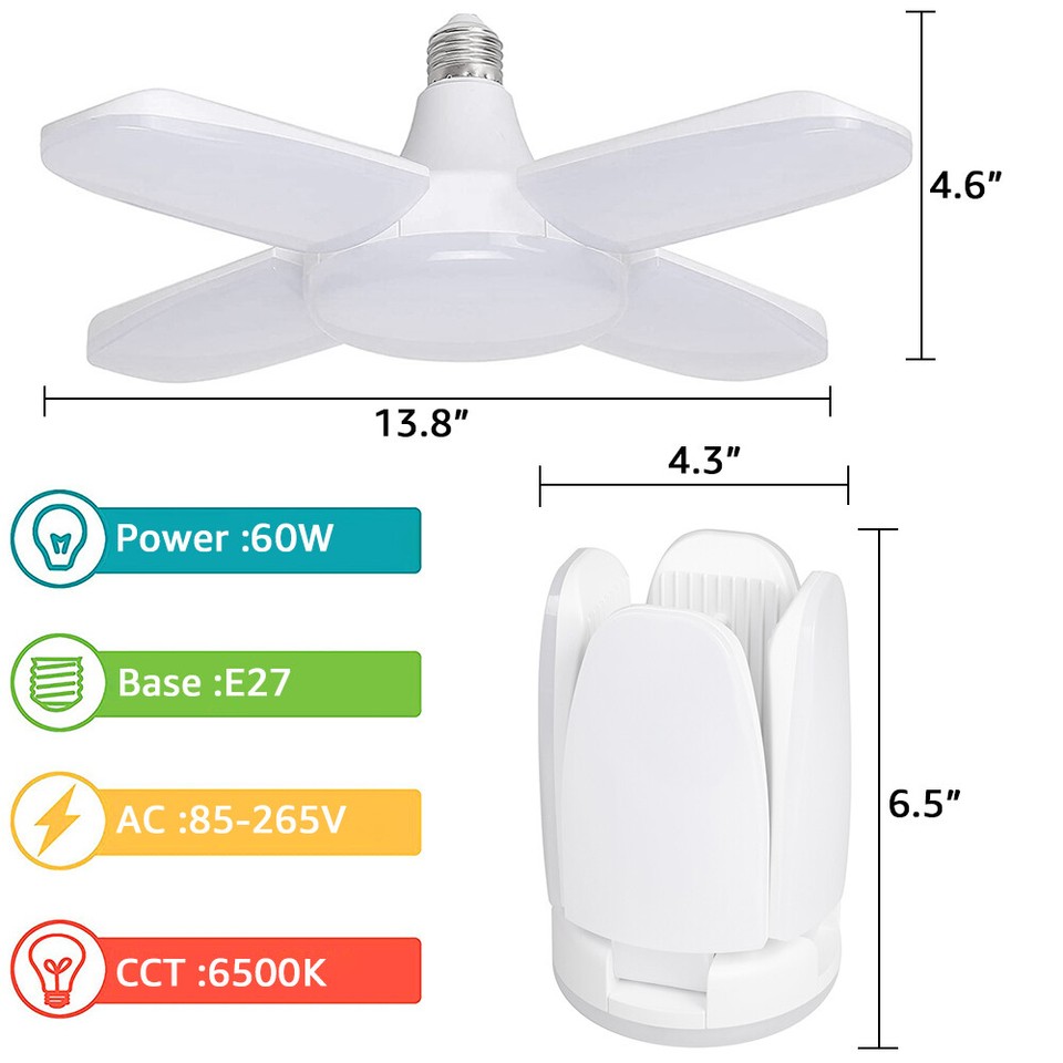 E27 Deformable LED Garage Light Bulb Ceiling Fixture 60W Home Shop ...