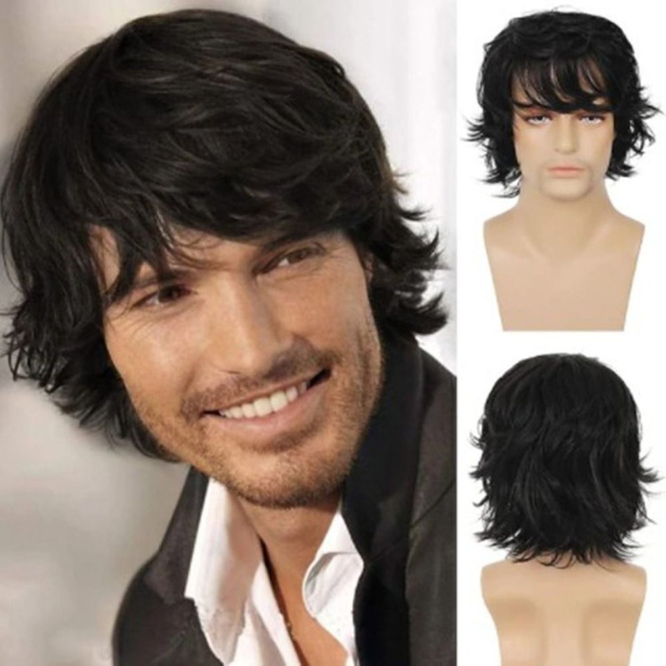 Natural Color Head Cover Men's Wigs Synthetic Hair Full Curly Wig Short ...