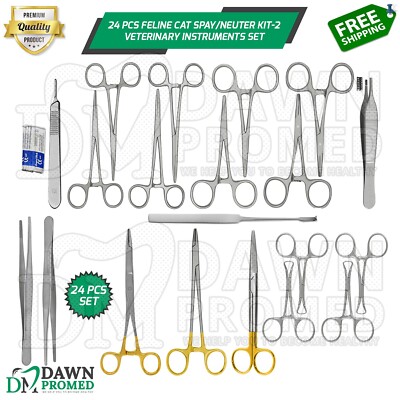 24 Pcs Feline Cat Spay/Neuter Kit-2 German Grade Veterinary Instruments ...