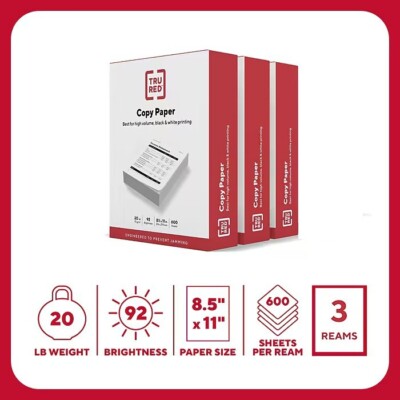 TRU RED™ 8.5" x 11" Copy Paper, 20 lbs., 92 Brightness, 600 Sheets/Ream ...