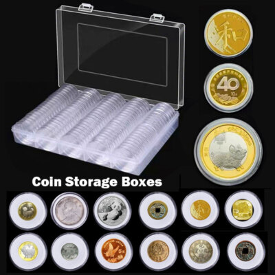 50/100PCS Clear Plastic Coin Storage Boxes Case Holder Round Display ...