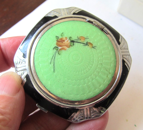 Vintage Art Deco EVANS Ladies Guilloche ENAMEL COMPACT Black & Silver ...