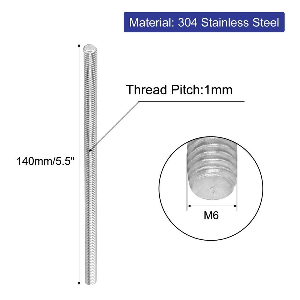 uxcell M6 x 140mm 304 Stainless Steel Fully Male Threaded Rod Bar x ...