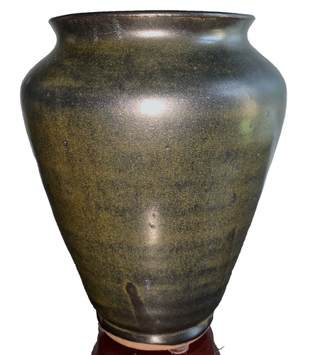 RICH COLORS HEAVY STUDIO ART POTTERY M. CAFFREY OLIVE & BLACK VASE 5 3/ ...