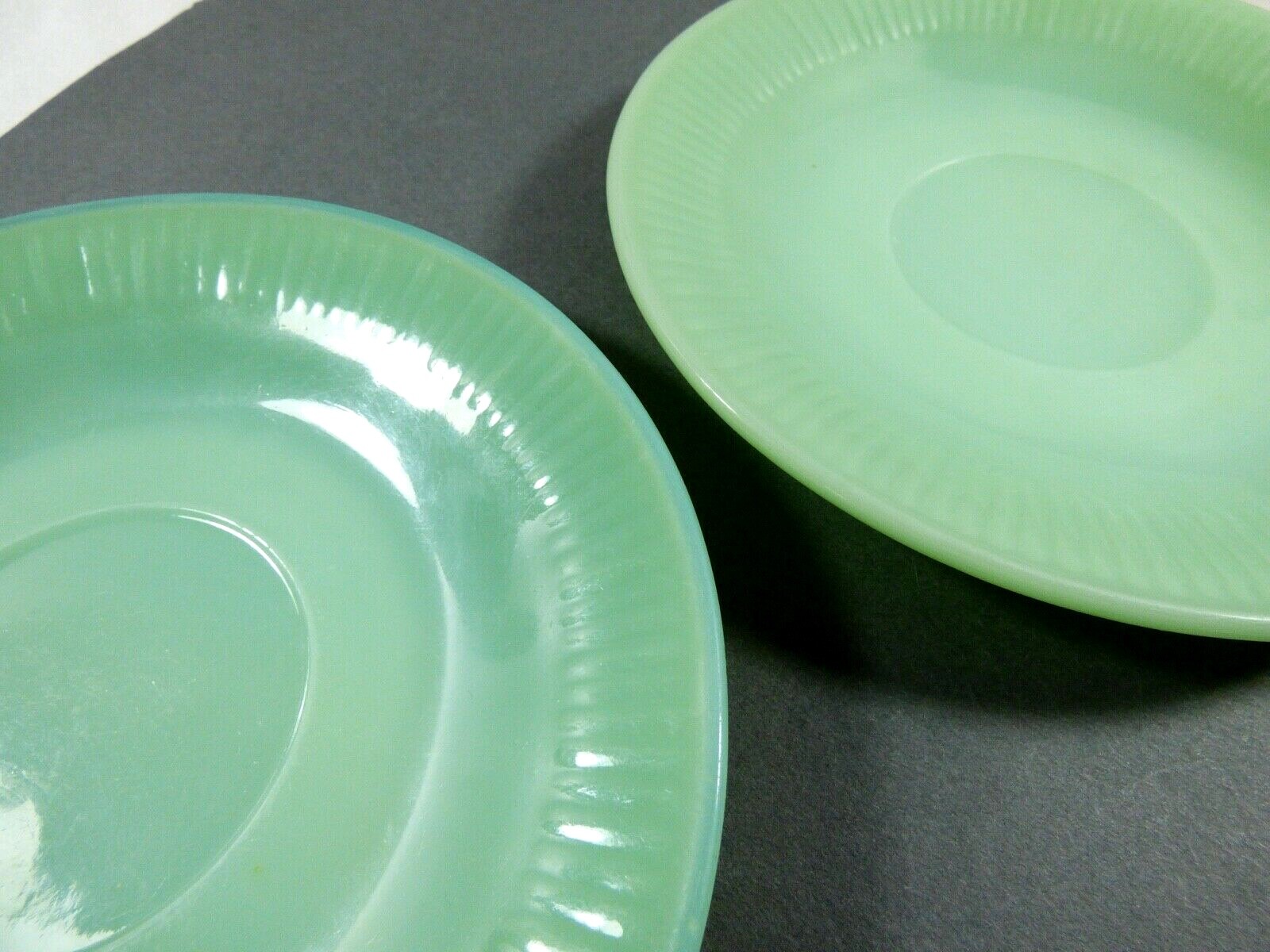 set of 2 Oven Ware Fire King Jadeite Jane Ray saucer green ribbed ...