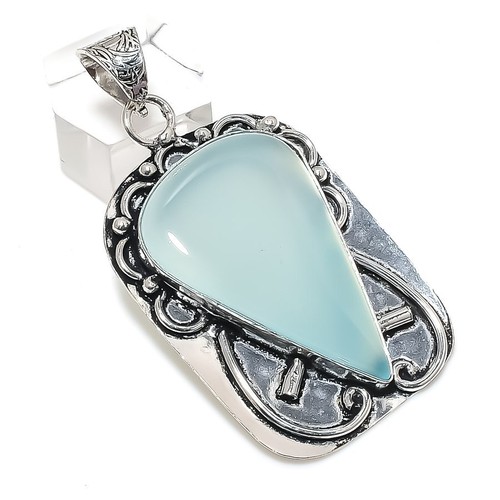 Aqua Chalcedony Gemstone 925 Sterling Silver Jewelry Pendant 2.29" X ...